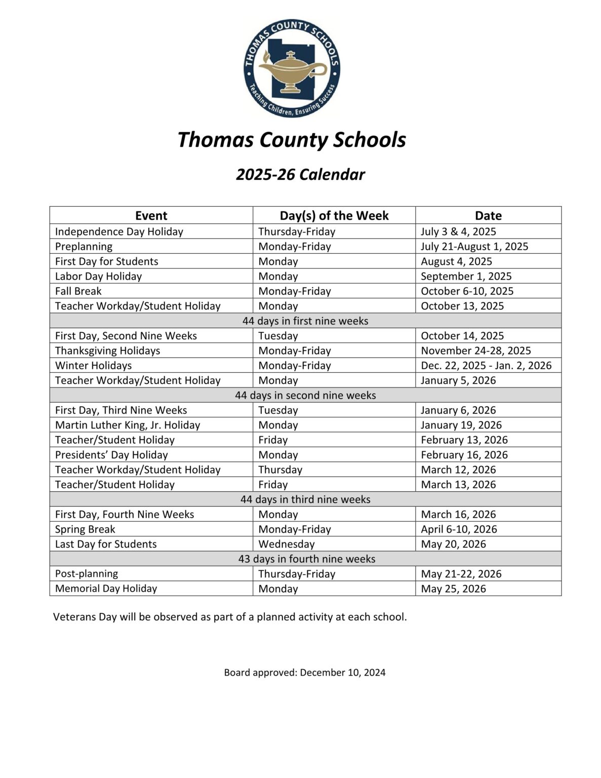 Thomas County Schools Calendar 25-26 [PDF] - EduCounty