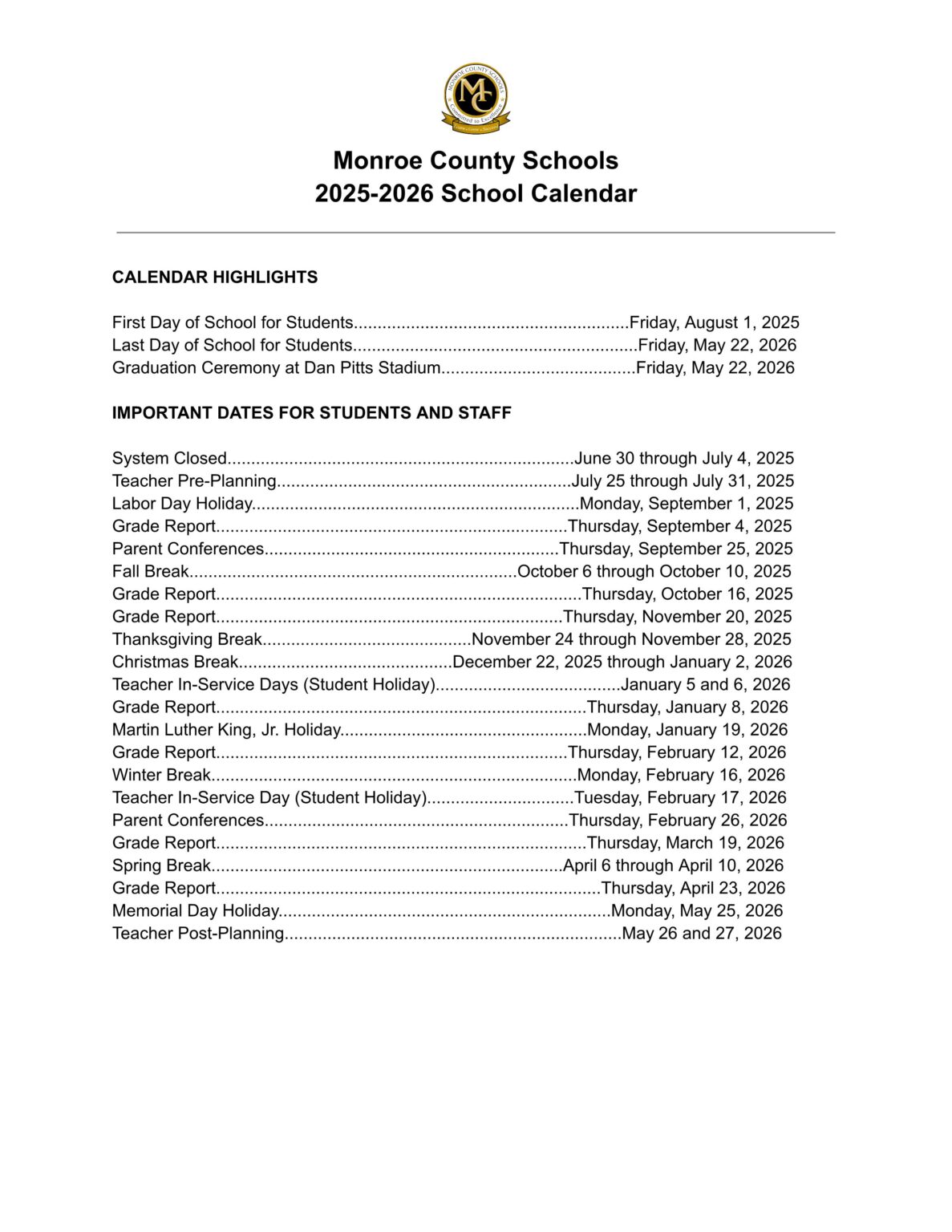 Monroe County Schools Calendar 25-26 [PDF] - EduCounty