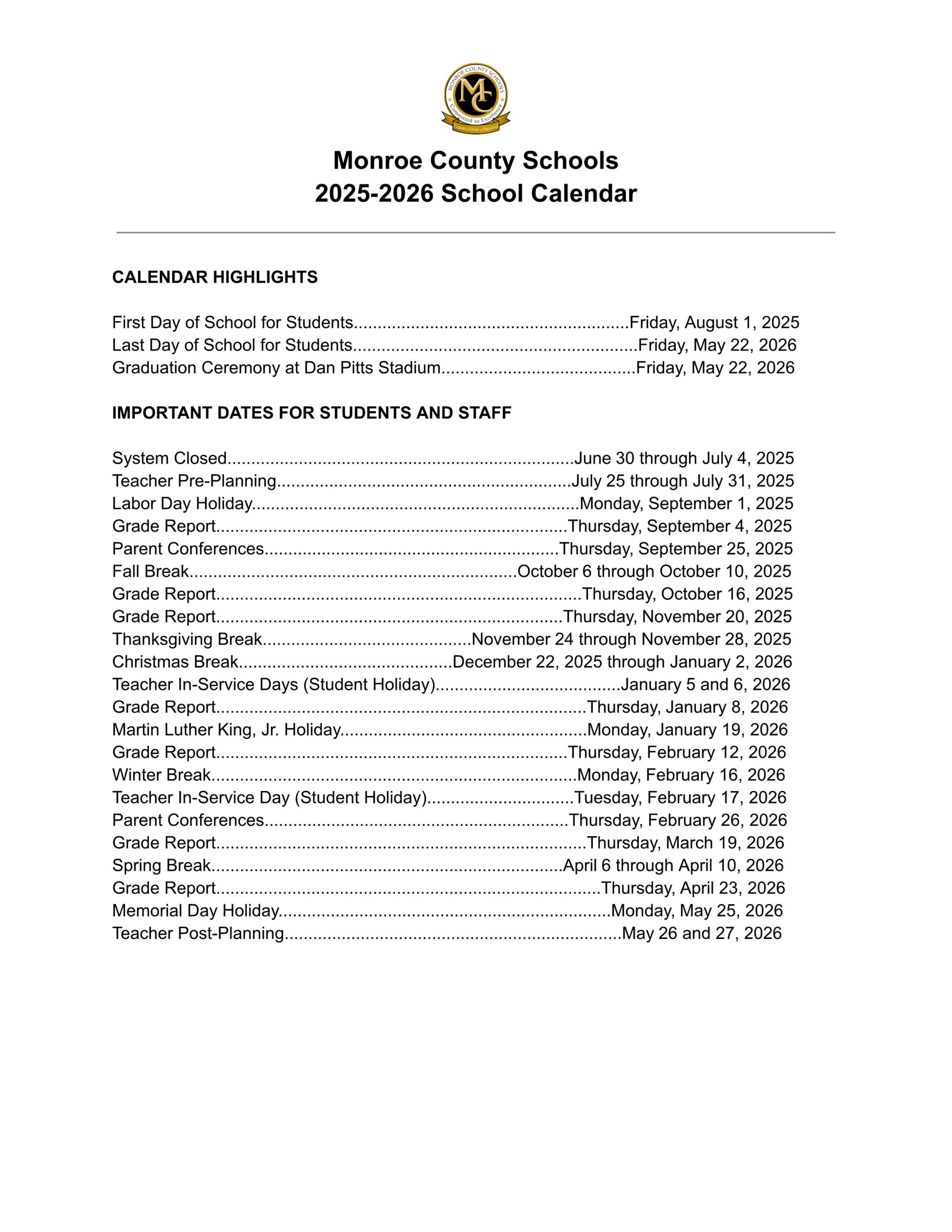 Monroe County Schools Calendar 25-26 [PDF] - EduCounty