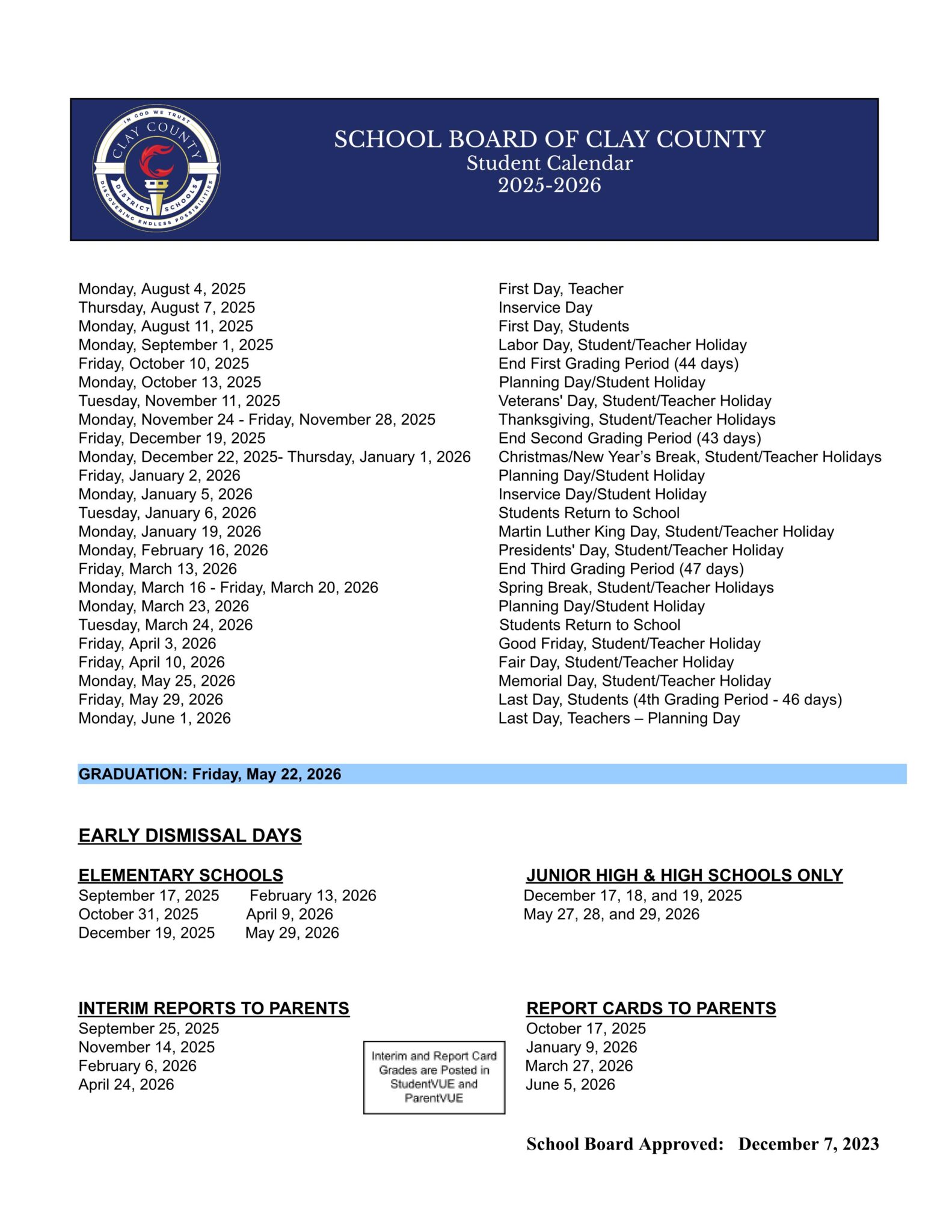 Clay County FL Schools Calendar 25-26 [PDF] - EduCounty