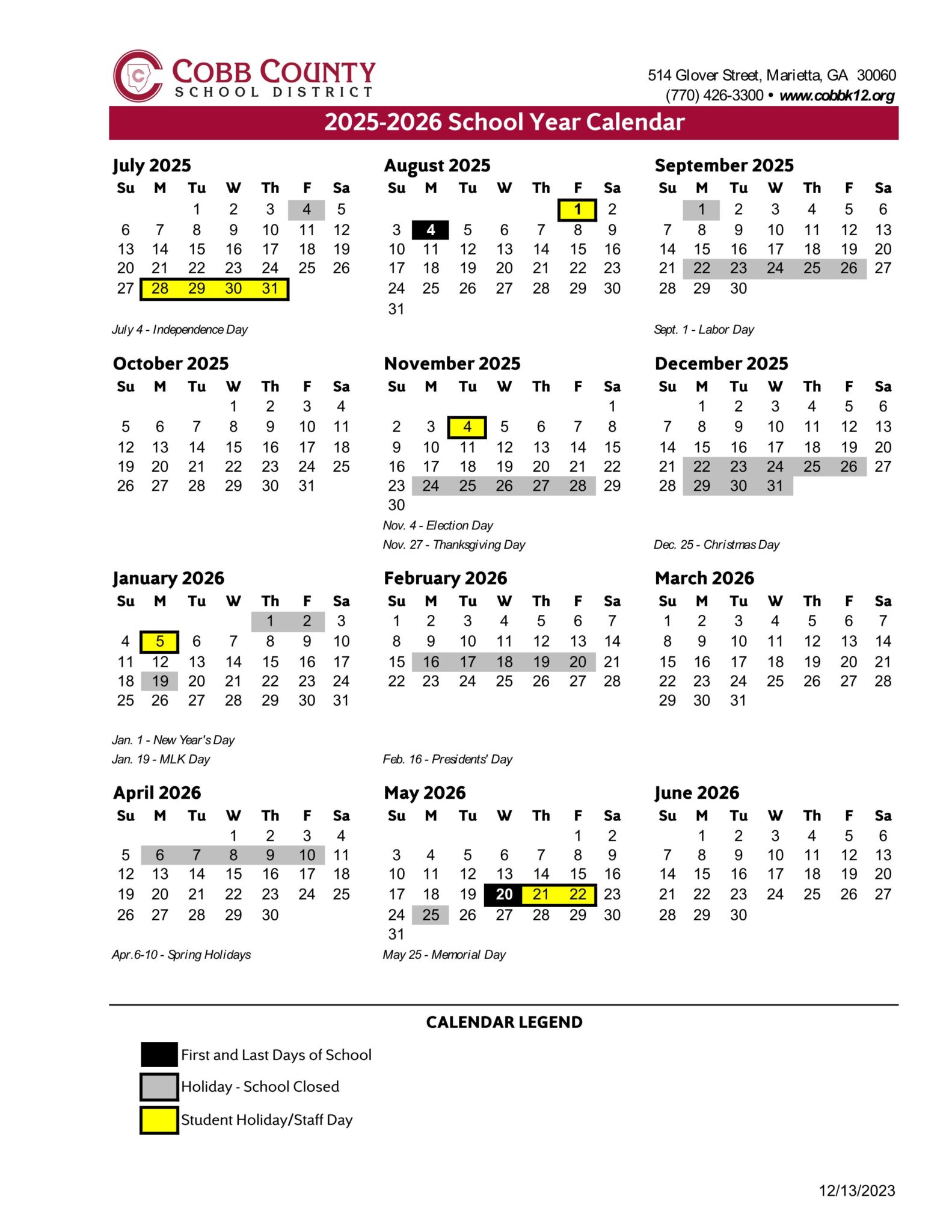 Cobb County GA School Calendar 25-26 [PDF] - EduCounty
