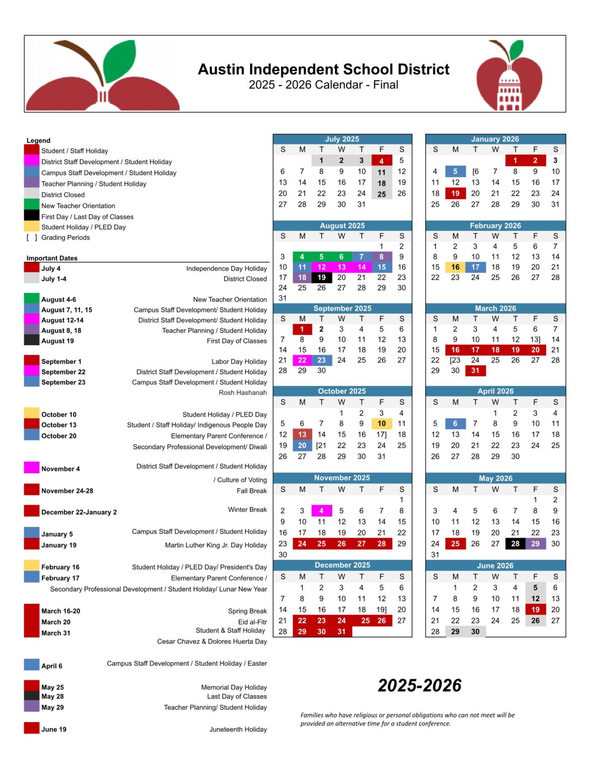 Austin ISD Schools Calendar 25-26 [PDF] - EduCounty