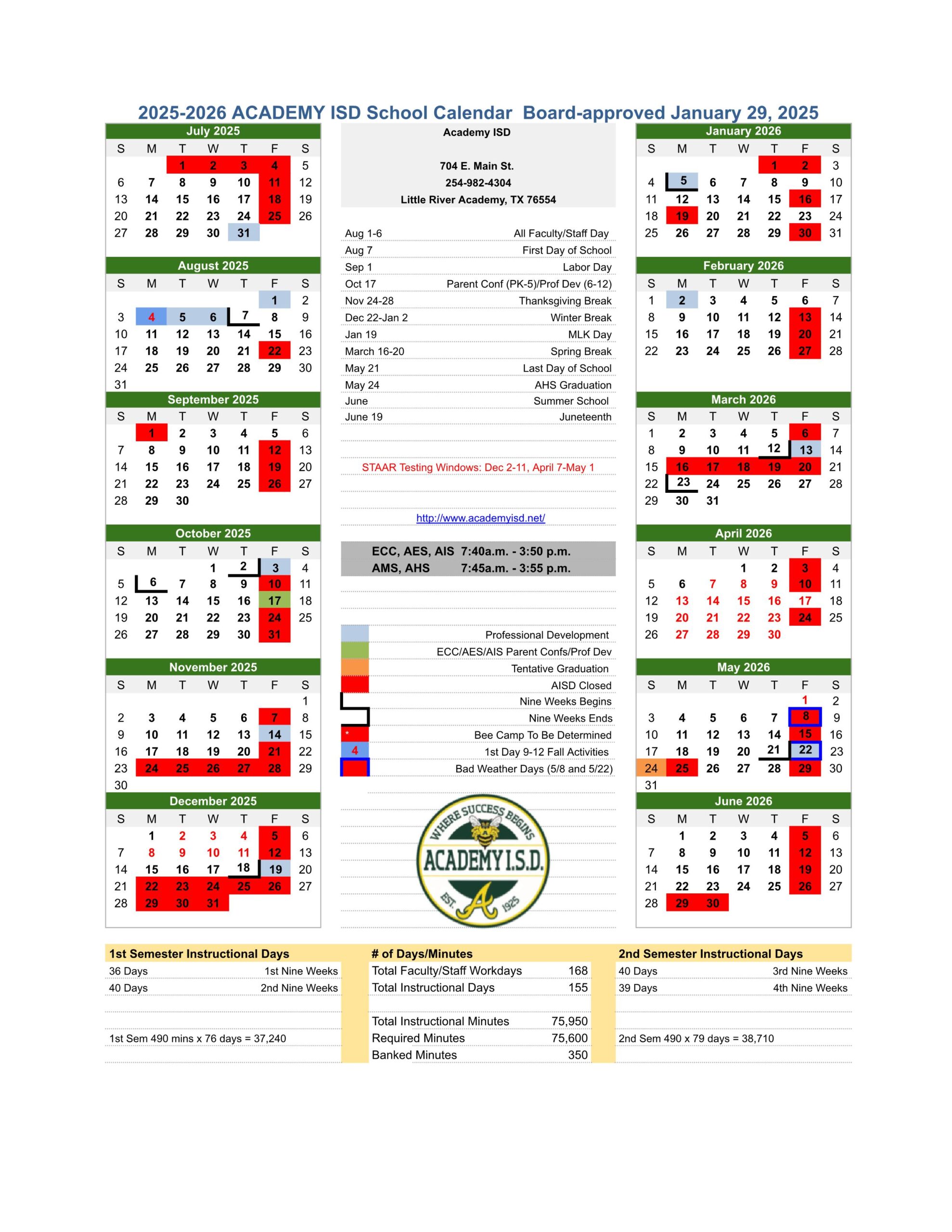 Academy ISD School Calendar 25-26 [PDF] - EduCounty