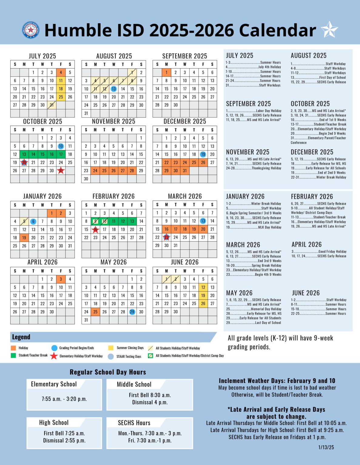 Humble ISD School District Calendar 25-26 [PDF] - EduCounty