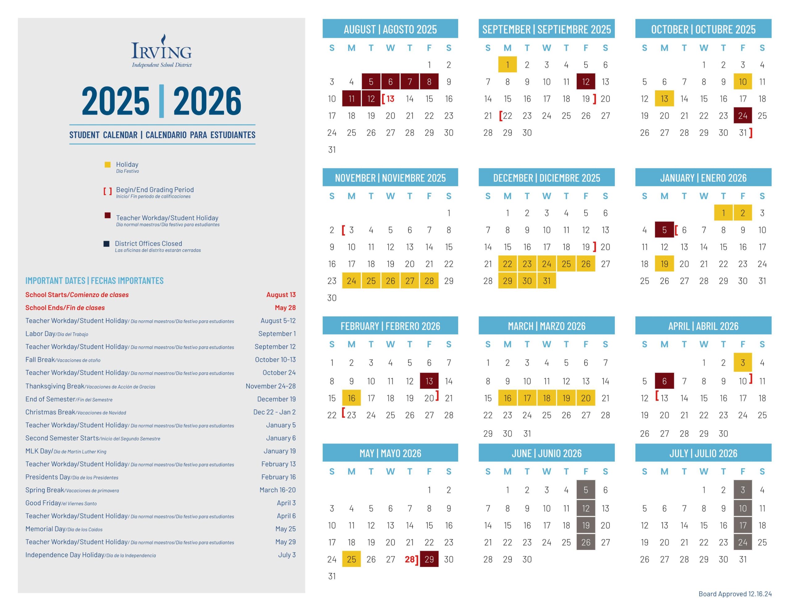 Irving ISD School District Calendar 25-26 [PDF] - EduCounty