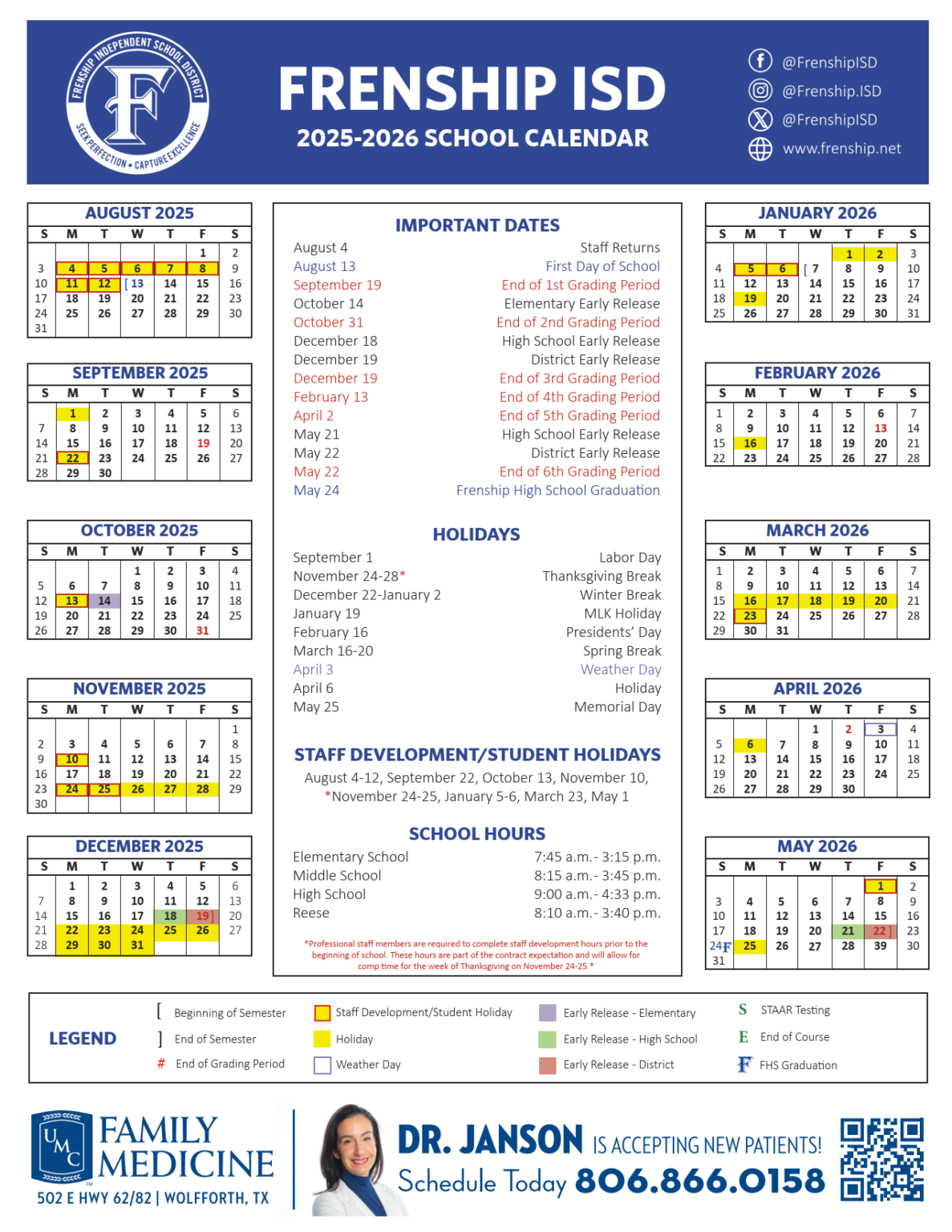 FRENSHIP ISD School Calendar 25-26 [PDF] - EduCounty