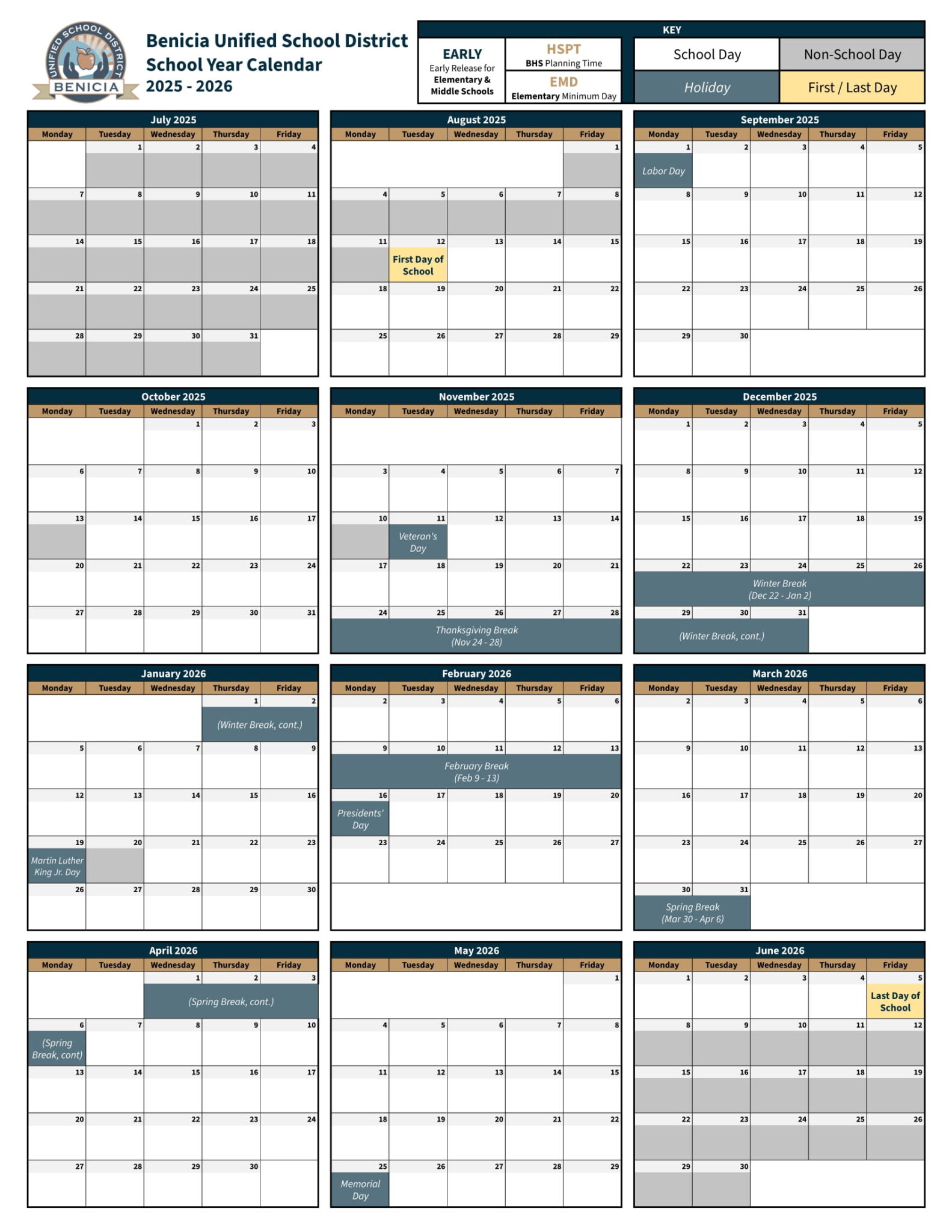 Benicia Unified School District Calendar 25-26 [pdf] revised - EduCounty