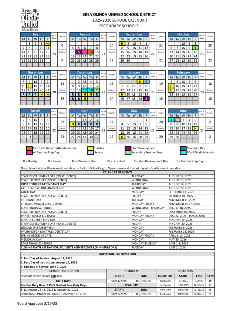 Brea Olinda Unified School BOUSD Calendar 25-26 [PDF] revised - EduCounty