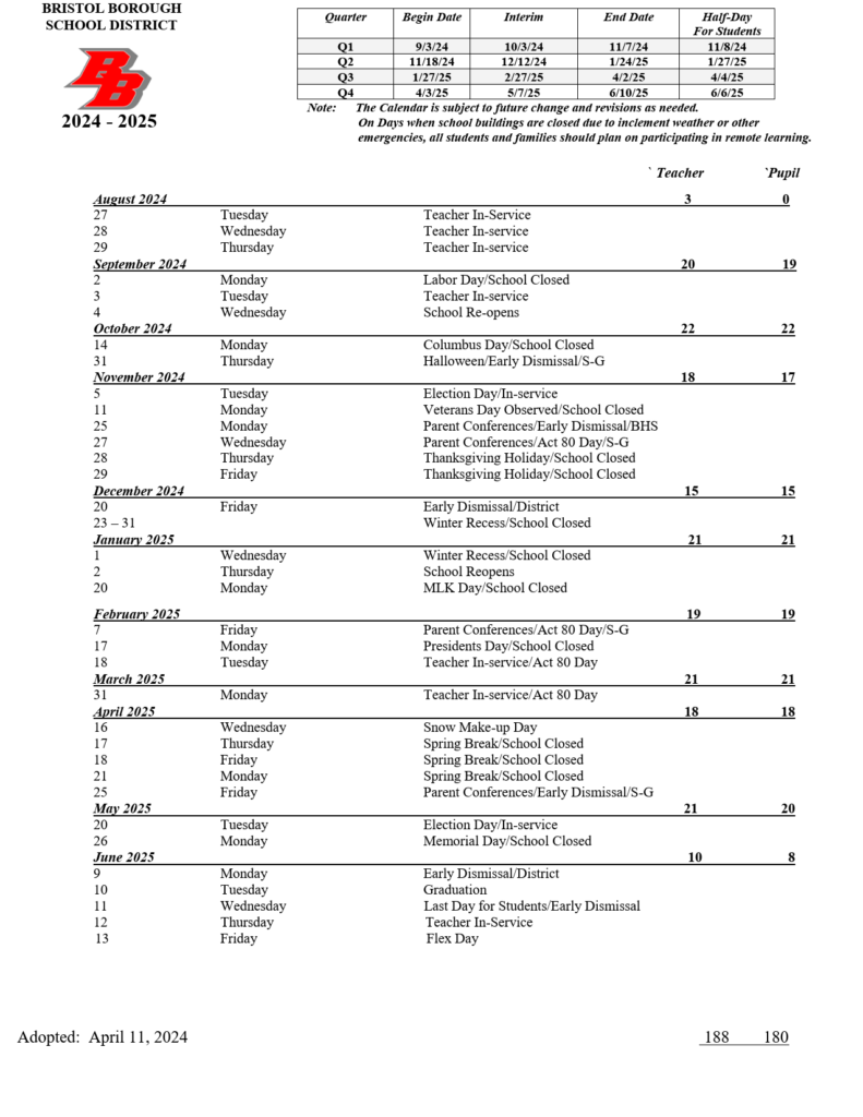 Bristol Borough School District Calendar 24-25 [PDF] revised - EduCounty