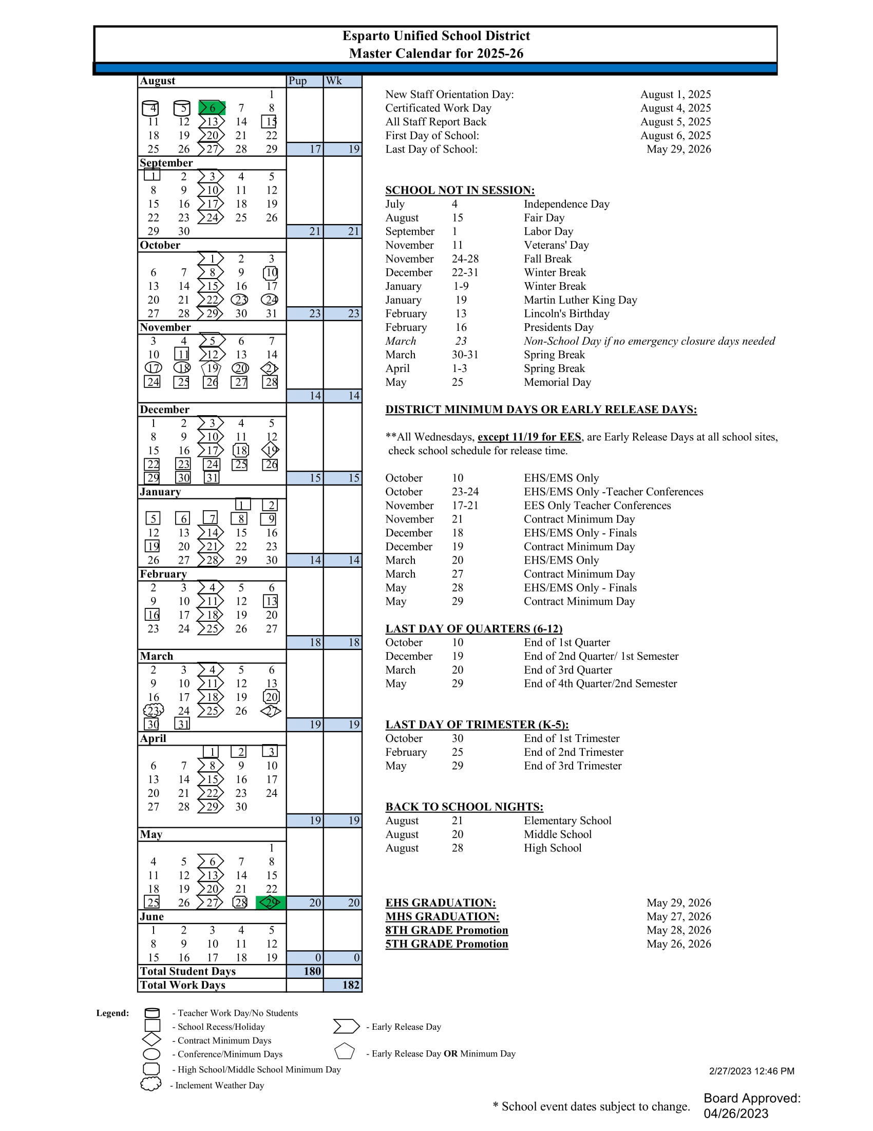 Esparto Unified School District Calendar 25-26 [PDF] revised - EduCounty