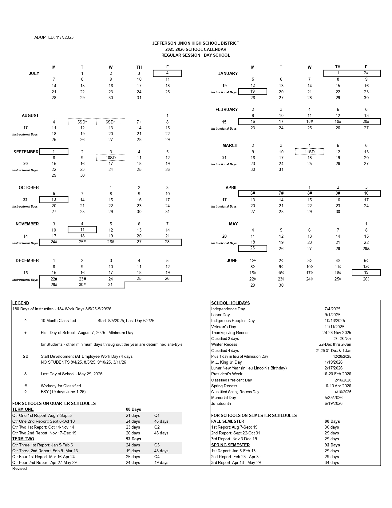 Jefferson Union High School District Calendar 25-26 [PDF] - EduCounty