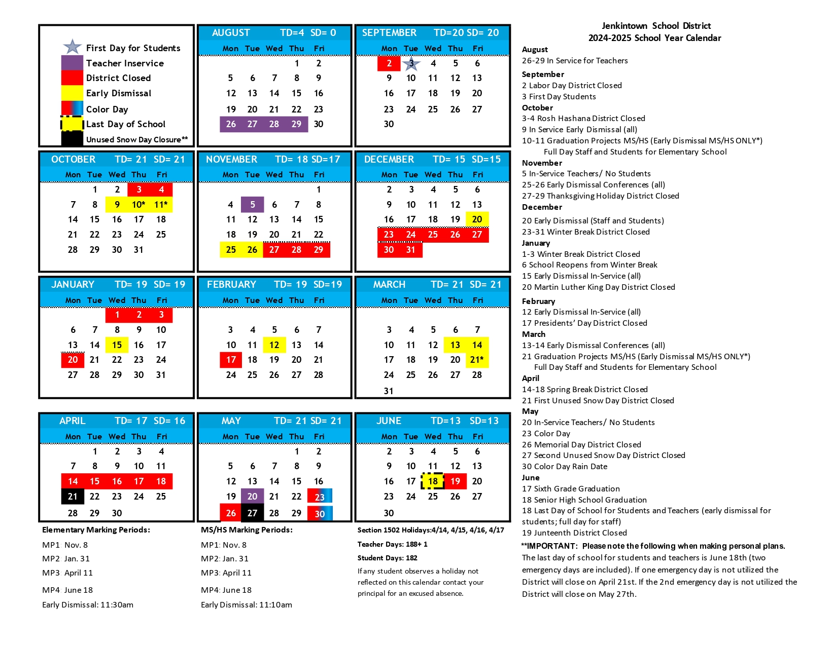 Jenkintown School District Calendar 24-25 [PDF] Revised - EduCounty