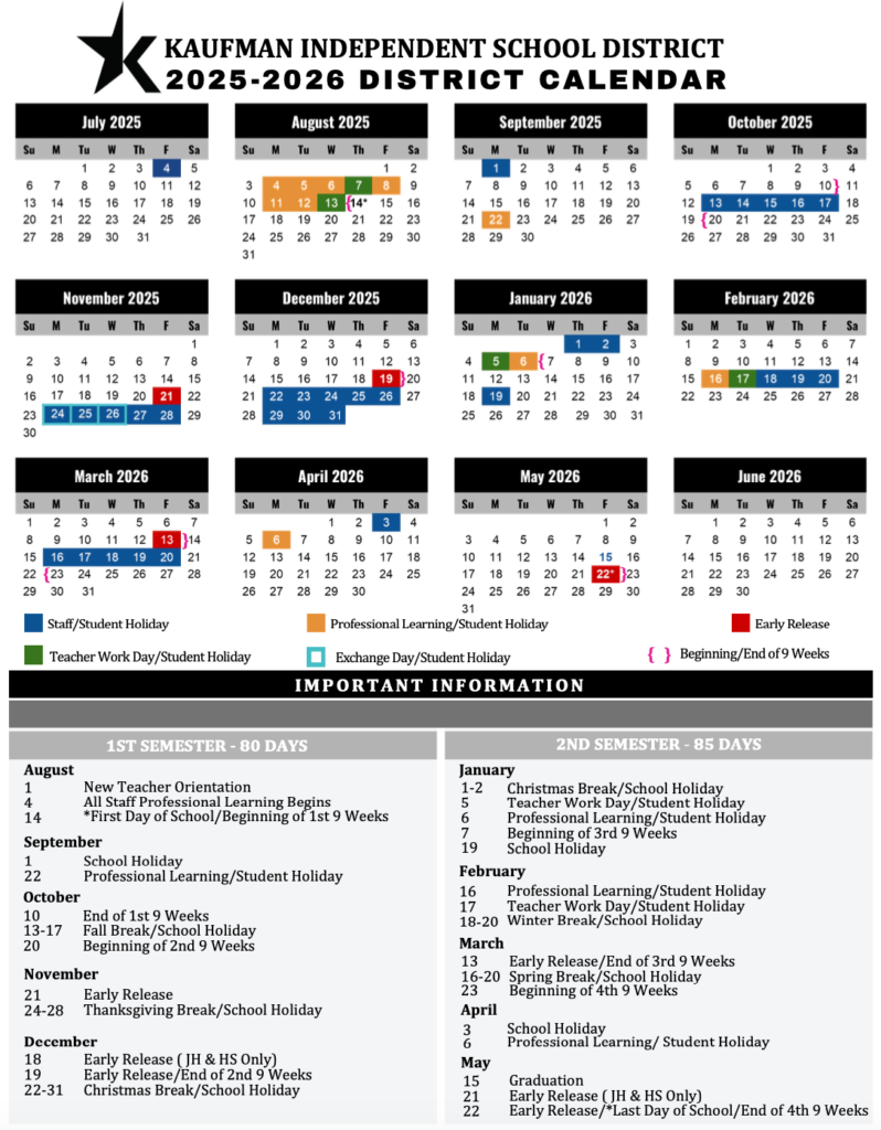 KAUFMAN ISD School Calendar 25-26 [PDF] - EduCounty