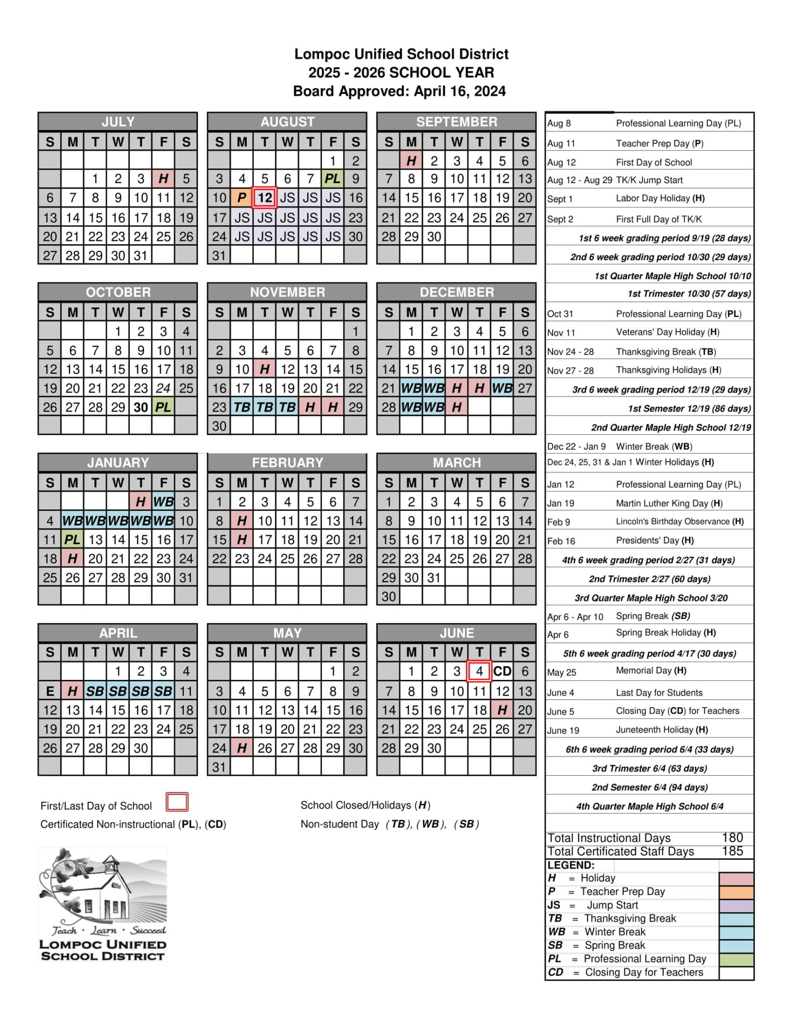 Lompoc Unified School District Calendar 25-26 [PDF] revised - EduCounty