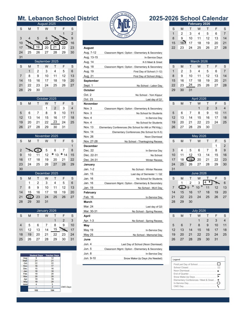 Mt. Lebanon School District Calendar 25-26 [PDF] Revised - EduCounty