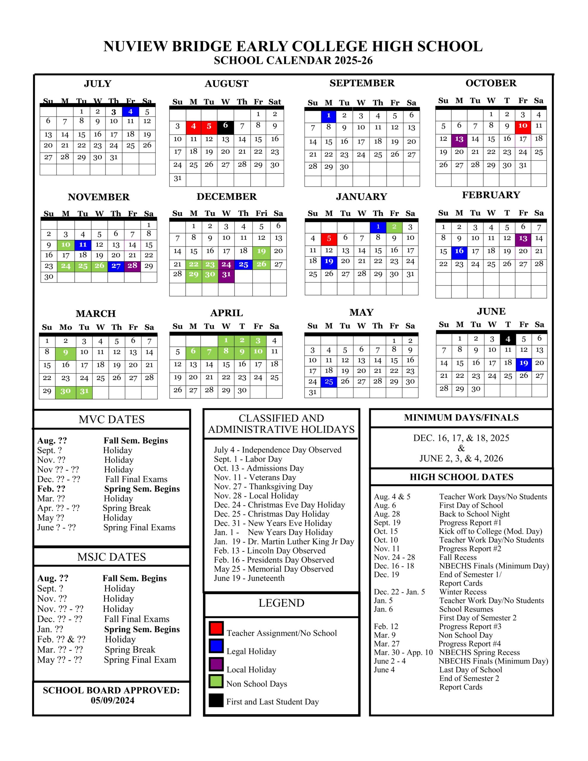 NUVIEW BRIDGE EARLY COLLEGE HIGH SCHOOL Calendar 25-26 - EduCounty