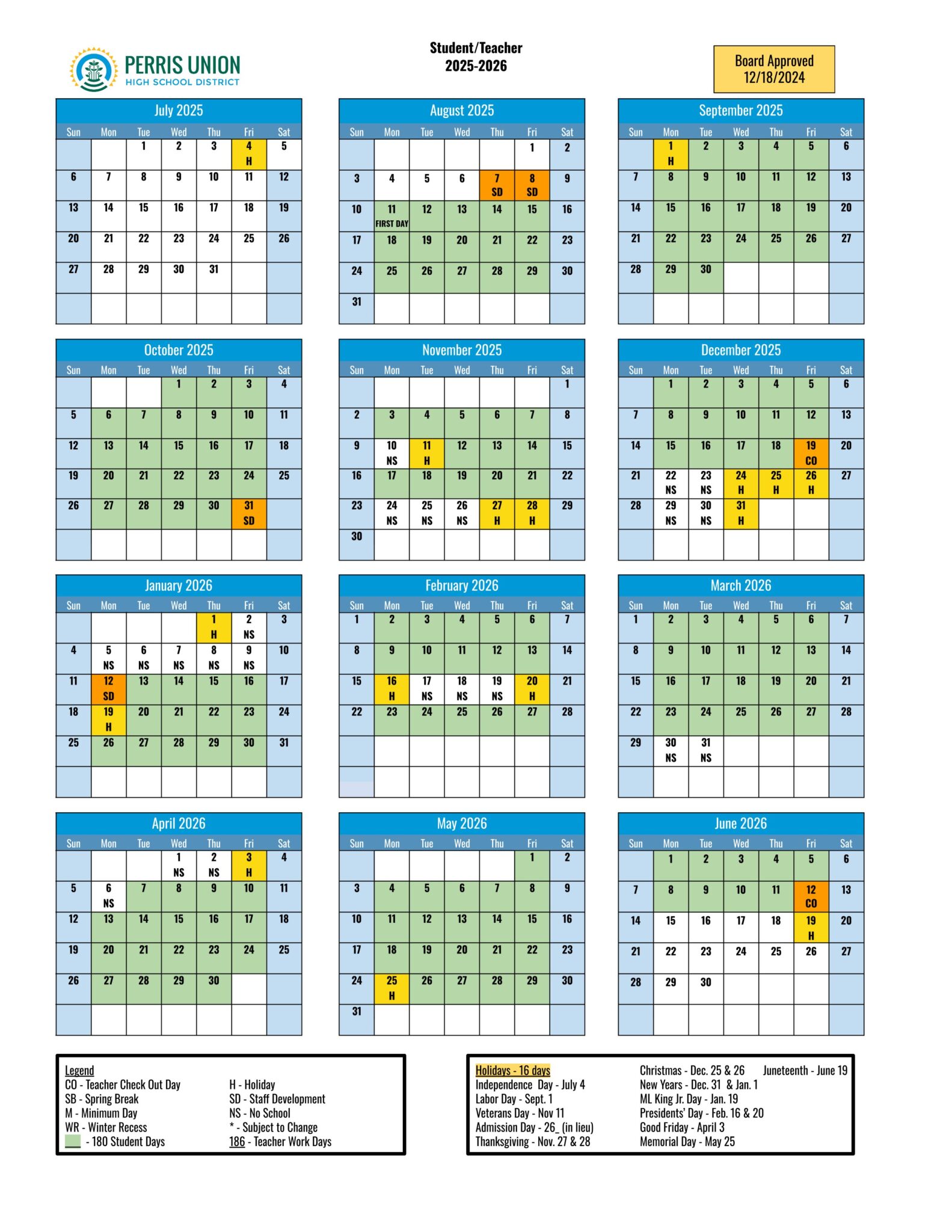 Perris Union High School District 25-26 Calendar [PDF] Revised - EduCounty
