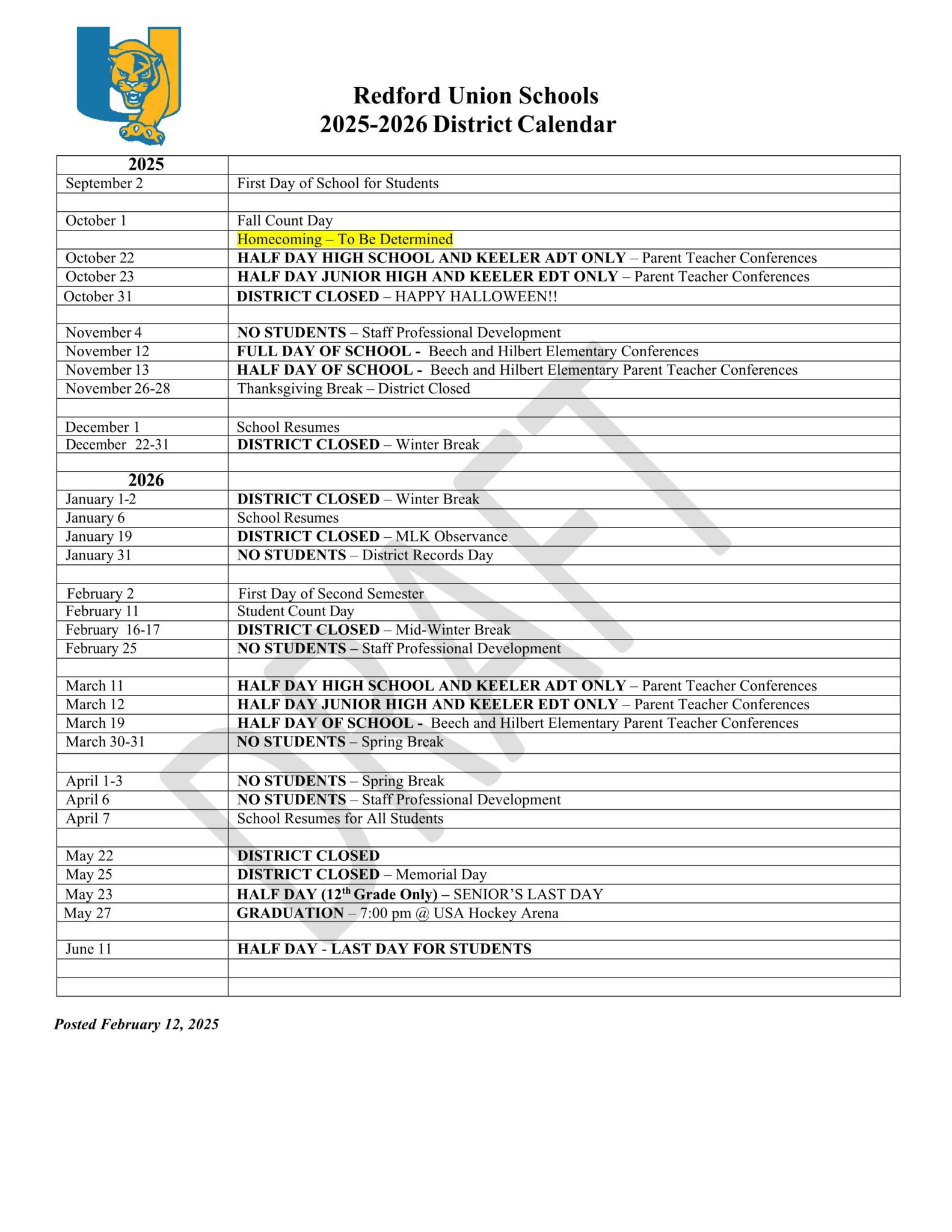 Redford Union Schools Calendar 25-26 [PDF] - EduCounty