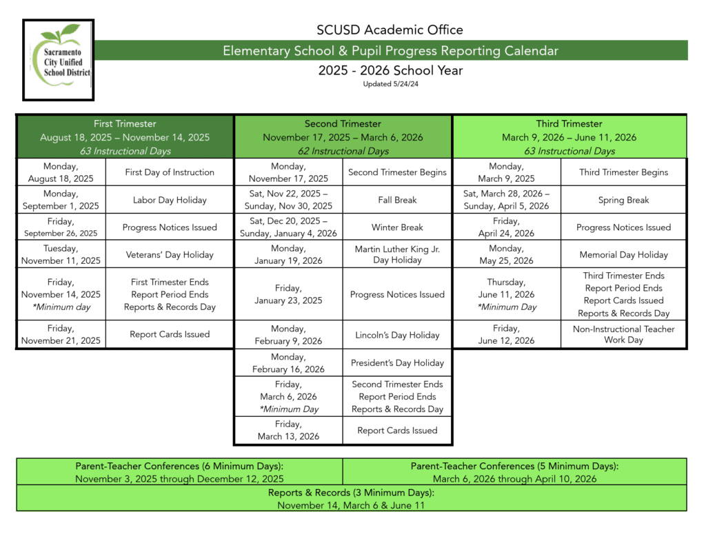 Sacramento City Unified School District SCUSD School Calendar 25-26 ...