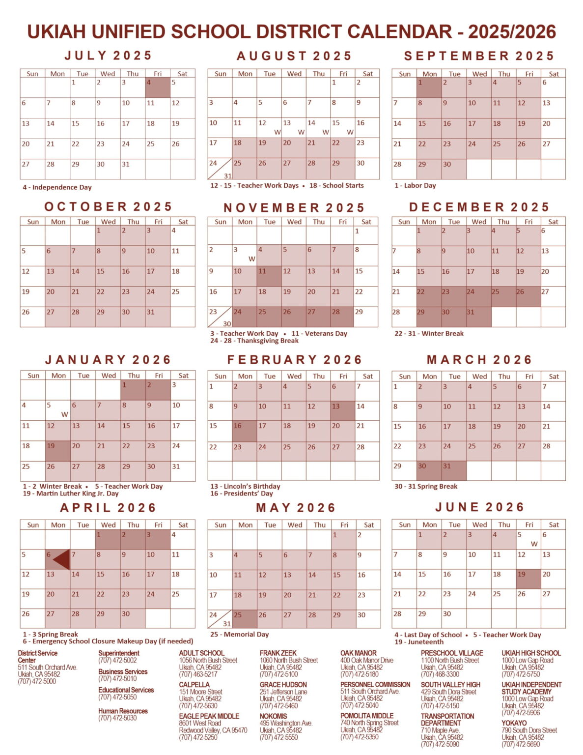 Ukiah Unified School District Calendar 25-26 [pdf] REVISED - EduCounty