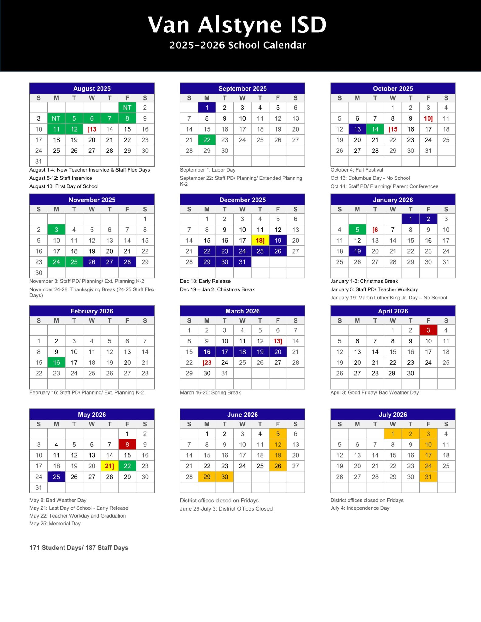 Van Alstyne ISD School Calendar 25-26 [PDF] - EduCounty