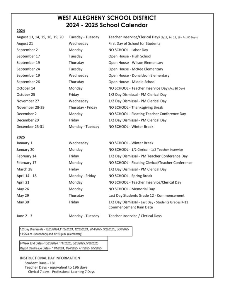 West Allegheny School District Calendar 24-25 [REVISED] pdf - EduCounty