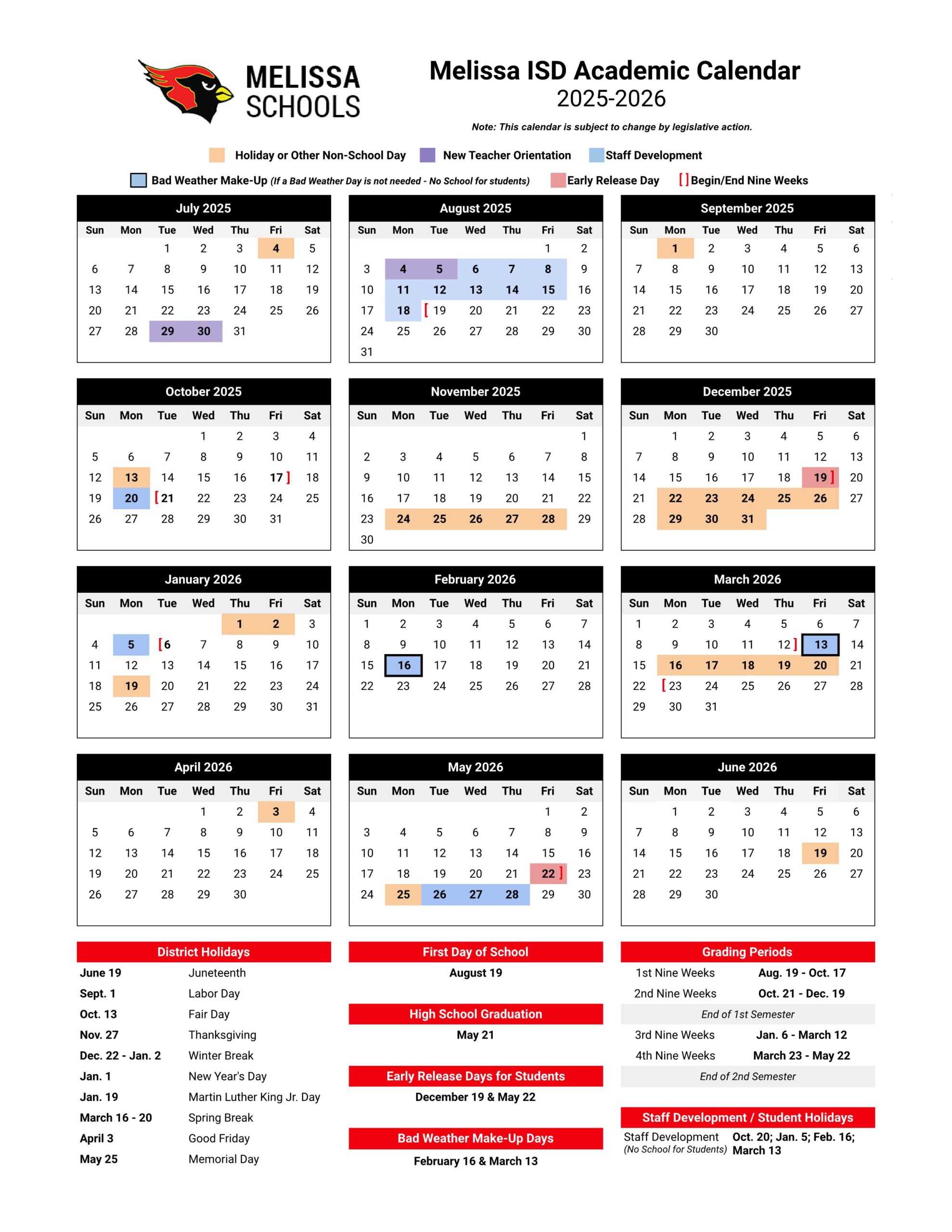 Melissa ISD School Calendar 25-26 [PDF] - EduCounty