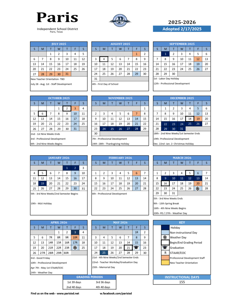 Paris ISD School Calendar 25-26 [revised] - EduCounty