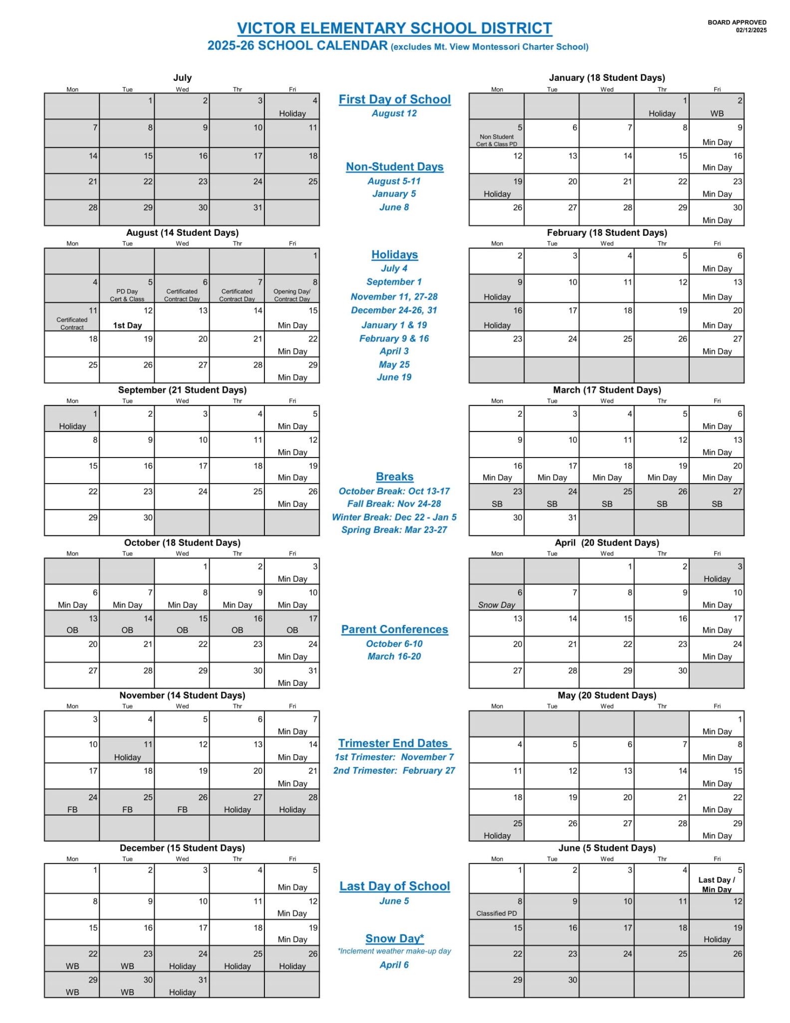 Victor Elementary School District 25-26 Calendar [PDF] Revised - EduCounty