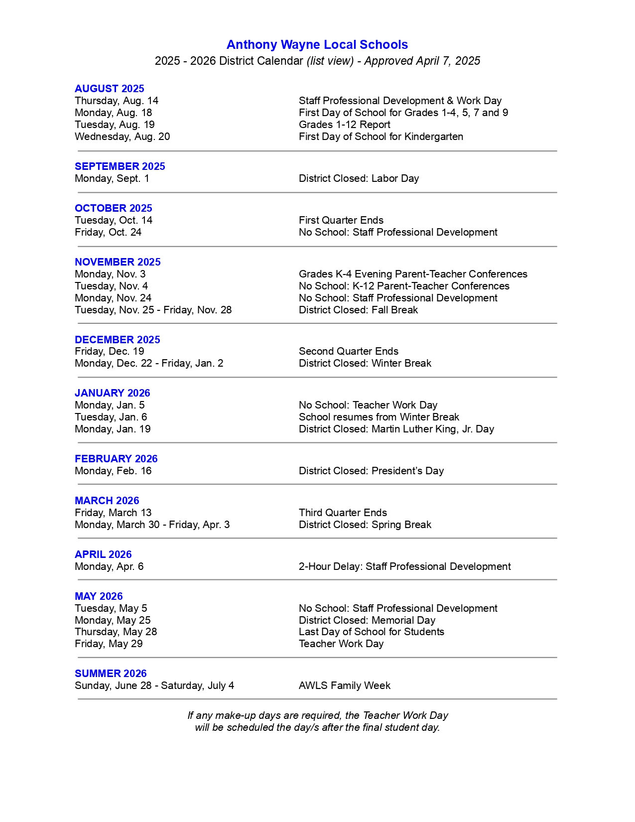 Anthony Wayne Local Schools Calendar Revised [25-26] - EduCounty