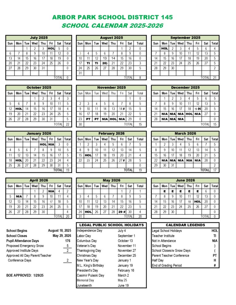 Arbor Park School District 145 Calendar 25-26 revised - EduCounty