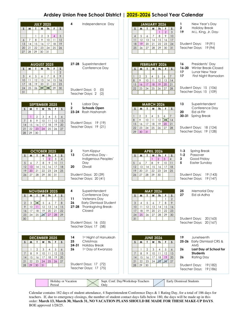 Ardsley Union Free School District Calendar 25-26 REVISED - EduCounty