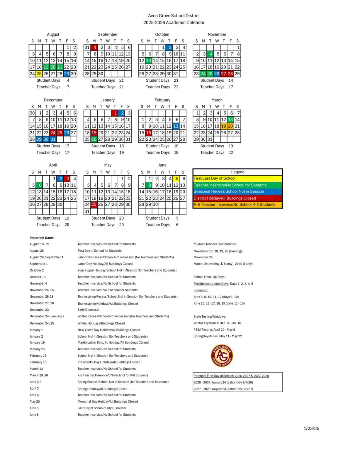 Avon Grove School District Calendar 25-26 [PDF] revised - EduCounty
