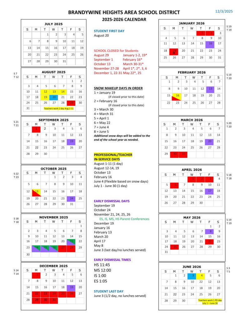 Brandywine Heights Area School District Calendar 25-26 [PDF] revised ...