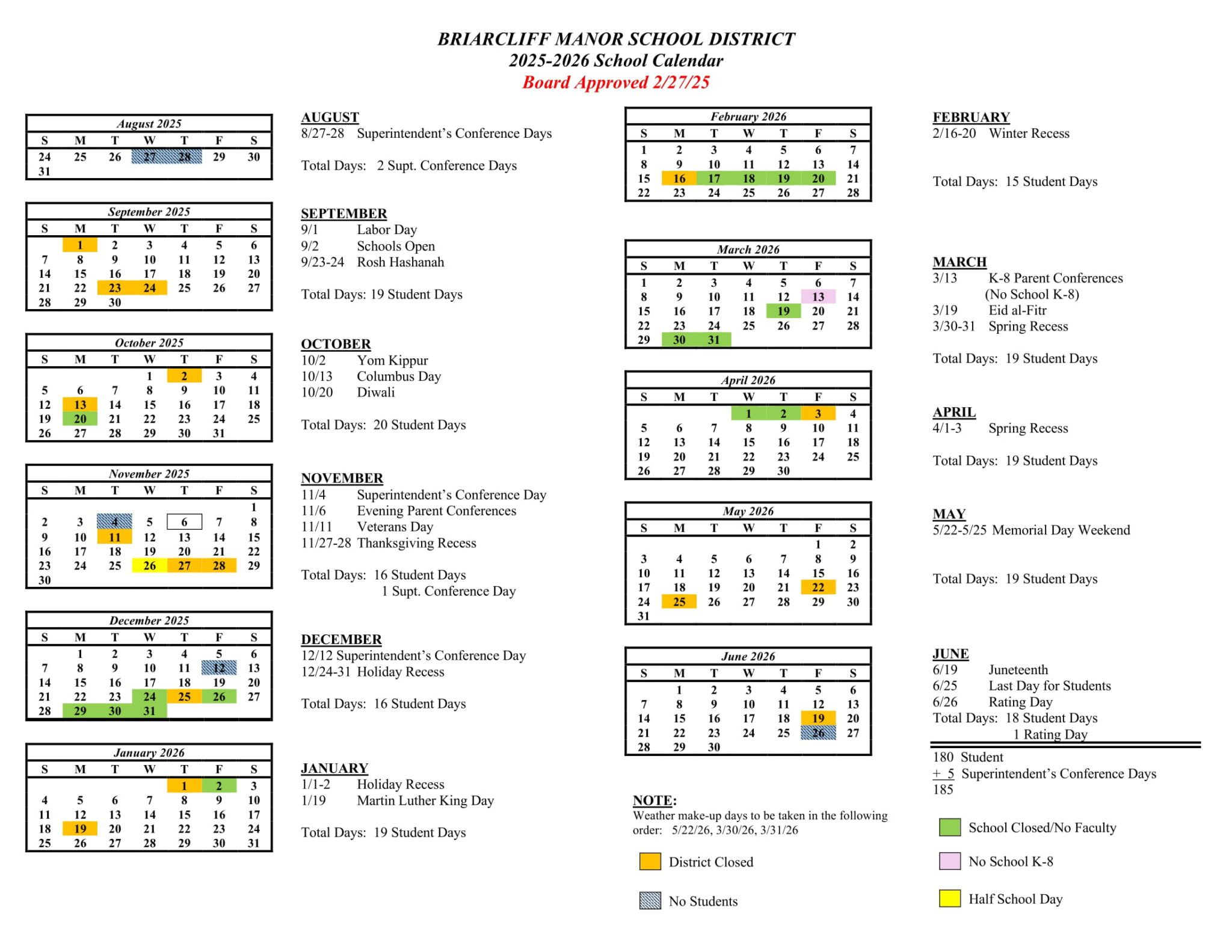 Briarcliff Manor School District Calendar 25 26 Revised Educounty