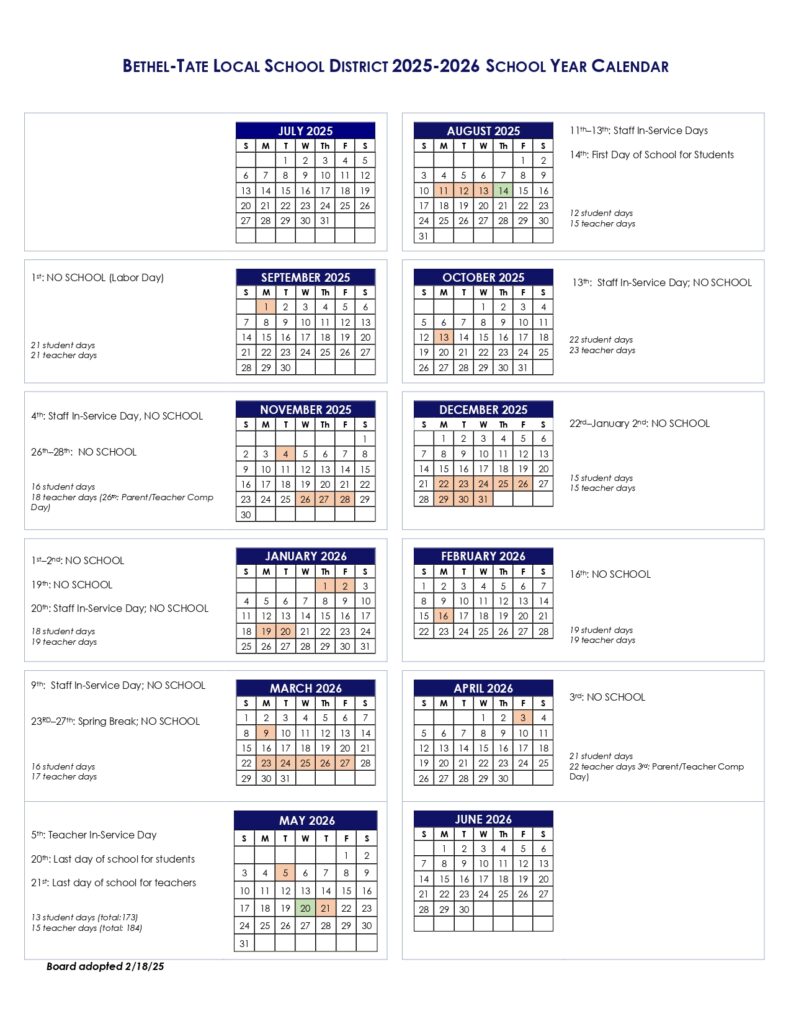 Bethel-Tate local school district Calendar 25-26 Revised - EduCounty