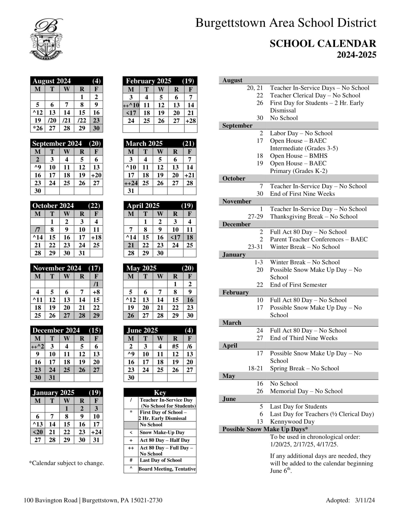 Burgettstown Area School District 24-25 Calendar [PDF] Revised - EduCounty