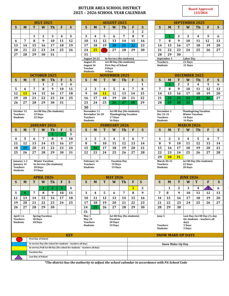 Butler Area School District Calendar 25-26 [PDF] REVISED - EduCounty