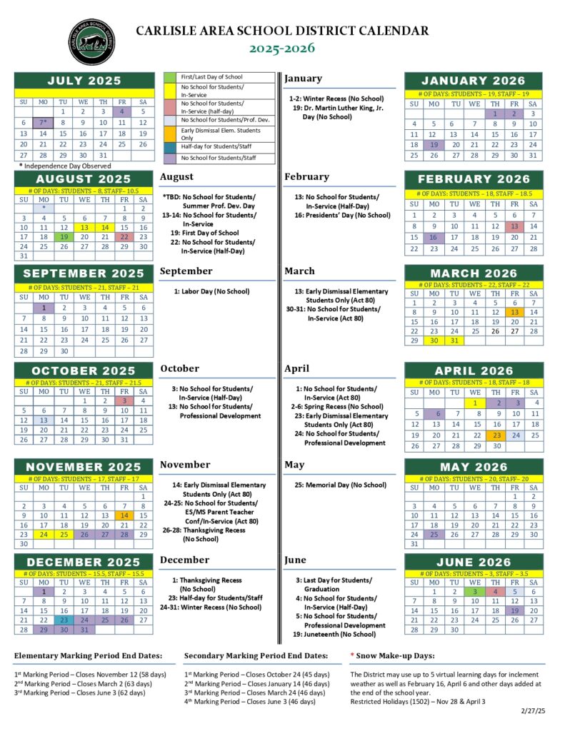 Carlisle Area School District Calendar 25-26 [PDF] revised - EduCounty