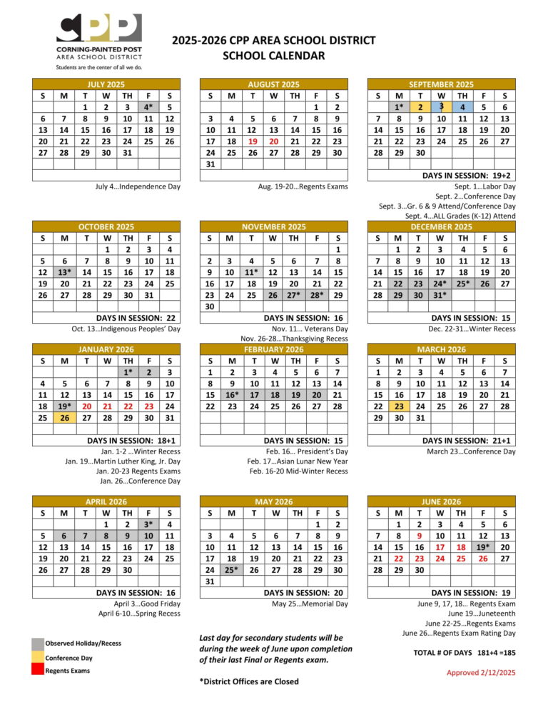Corning-Painted Post Area School District Calendar 25-26 revised ...