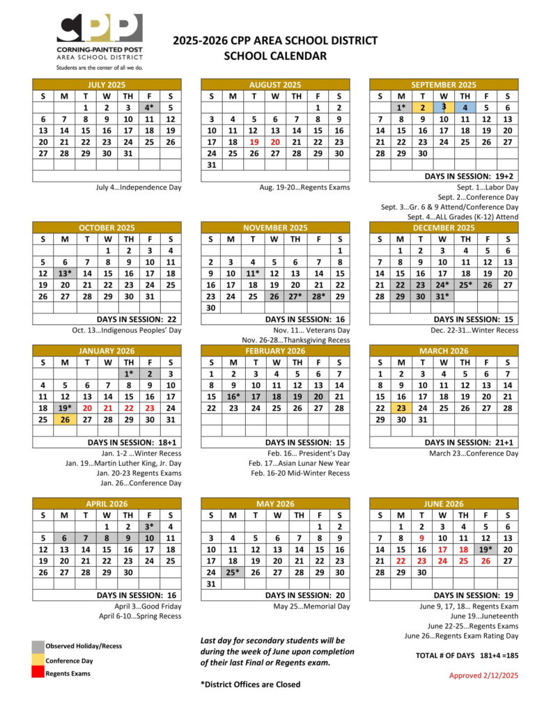 Corning-Painted Post Area School District Calendar 25-26 revised ...