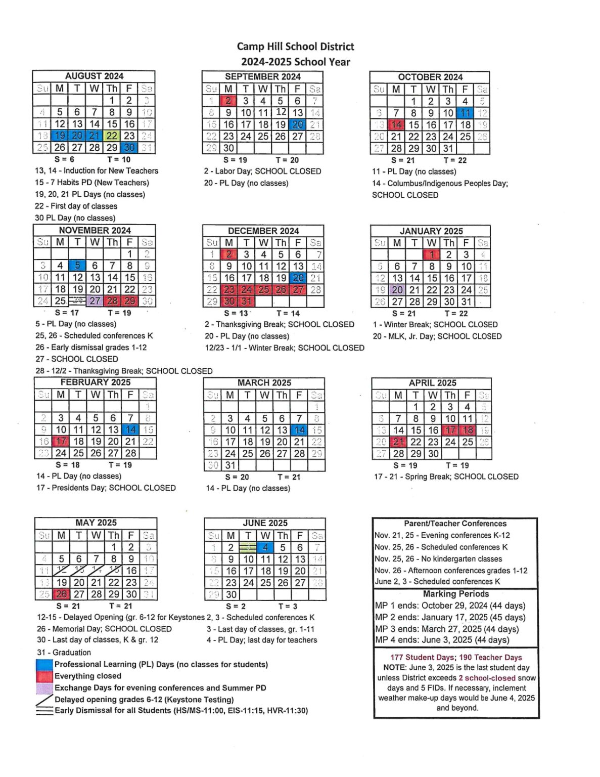 Camp Hill School District Calendar 24-25 [PDF] REVISED - EduCounty