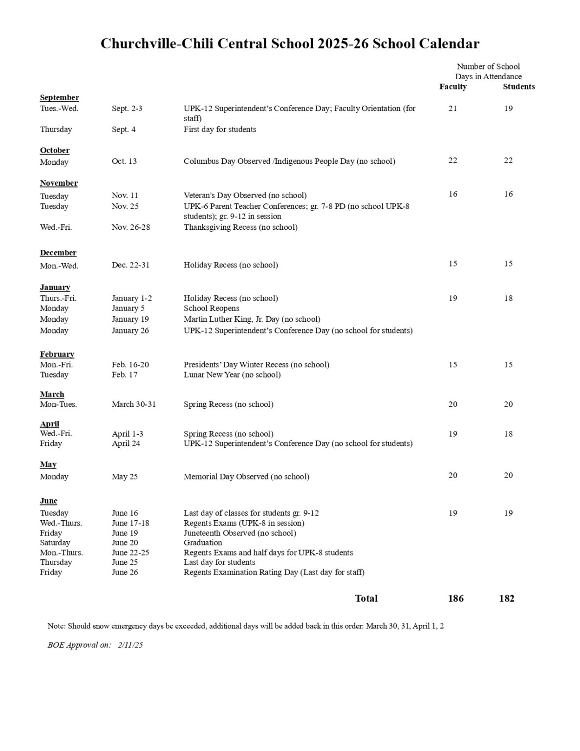 Churchville-Chili Central School Calendar 25-26 REVISED - EduCounty