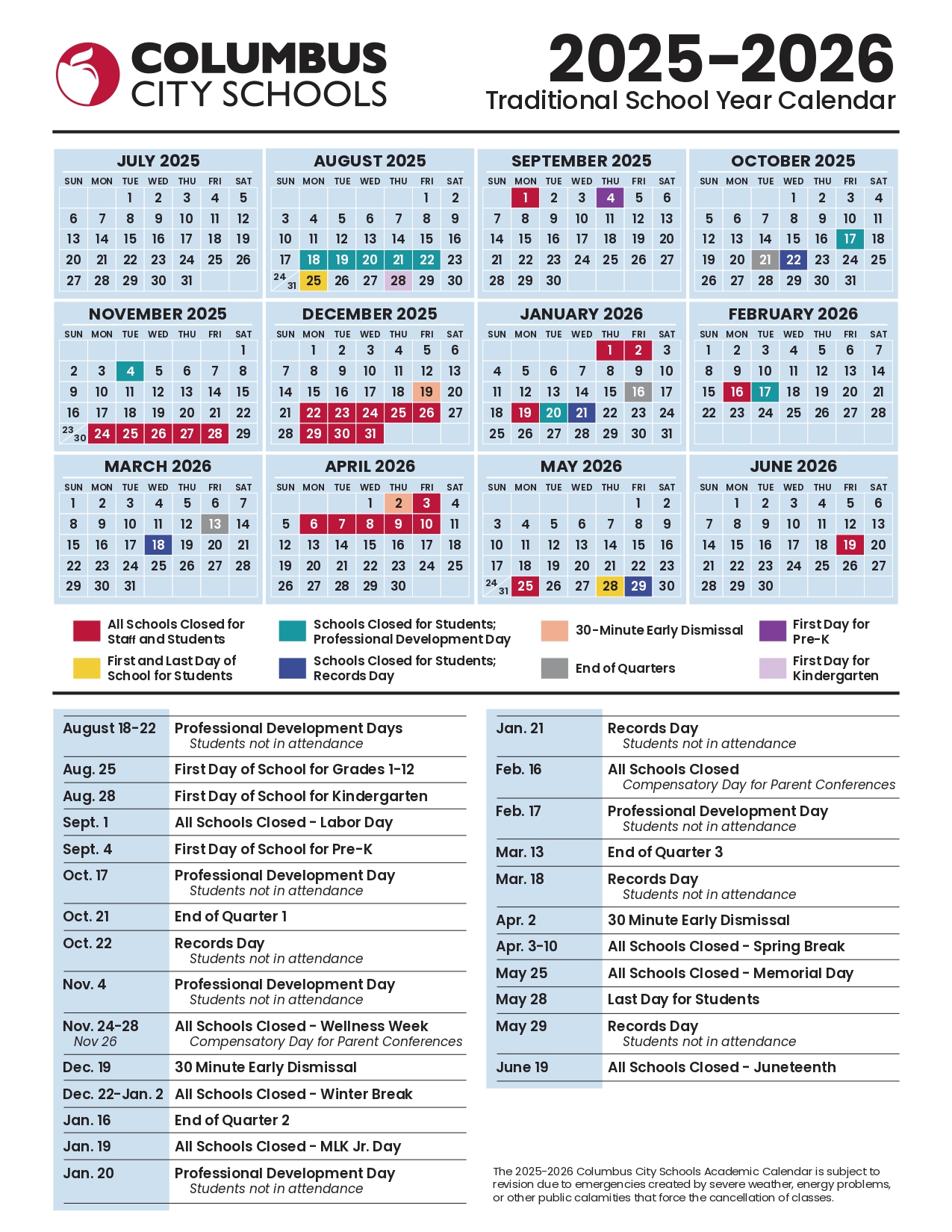 Columbus City Schools Calendar 25-26 Revised pdf - EduCounty