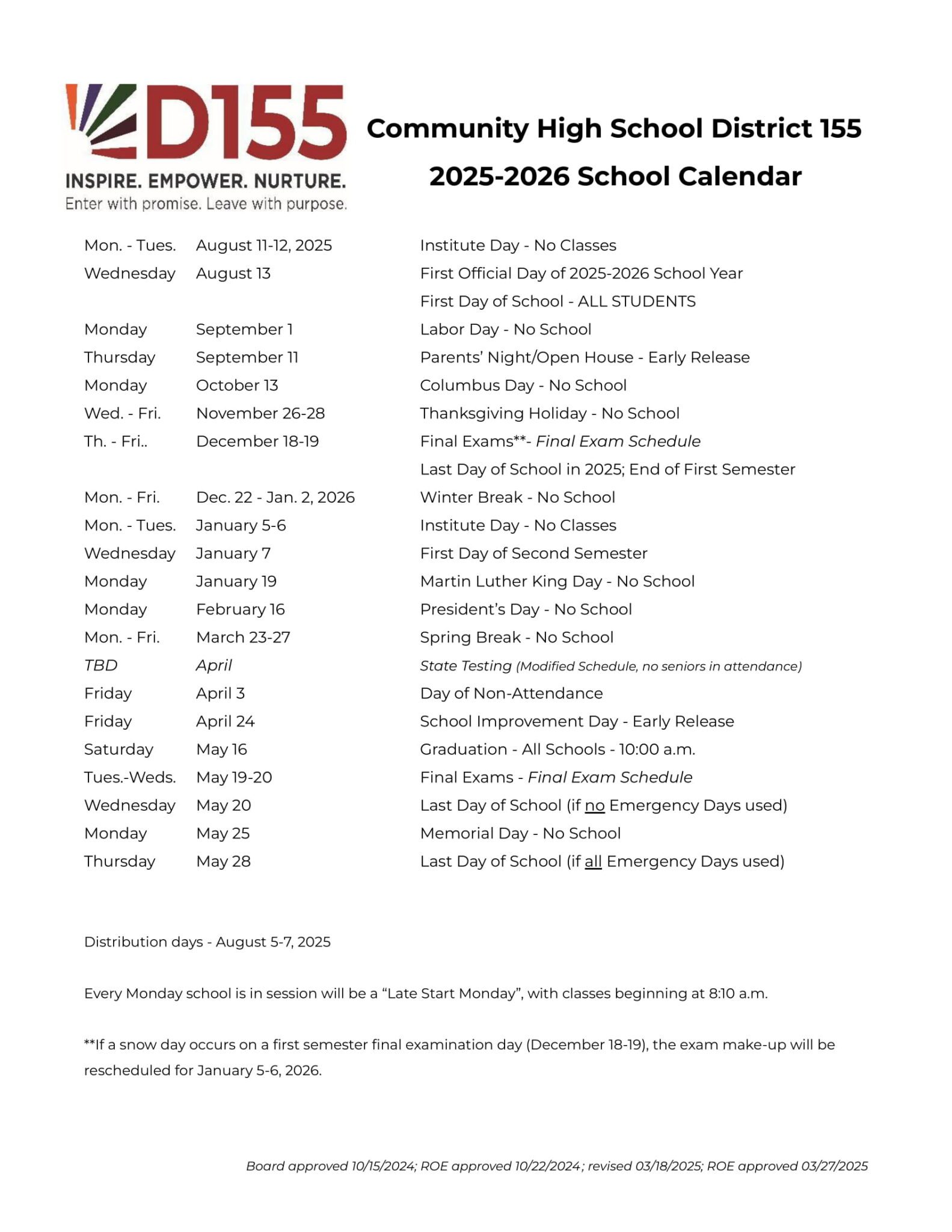 Community High School District D155 Calendar 25-26 - EduCounty