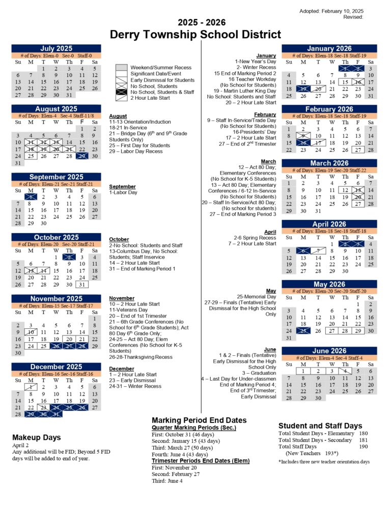 Derry Township School District Calendar 25-26 [PDF] REVISED - EduCounty
