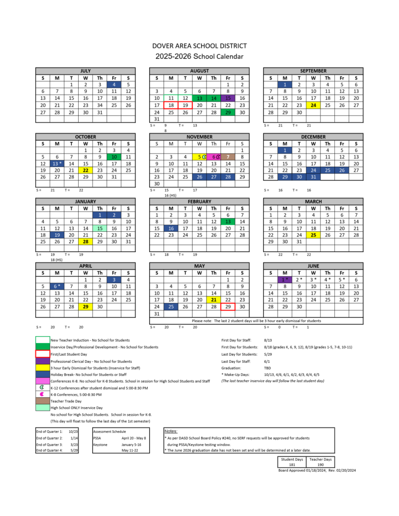 Dover Area School District Calendar 25-26 [PDF] Revised - EduCounty
