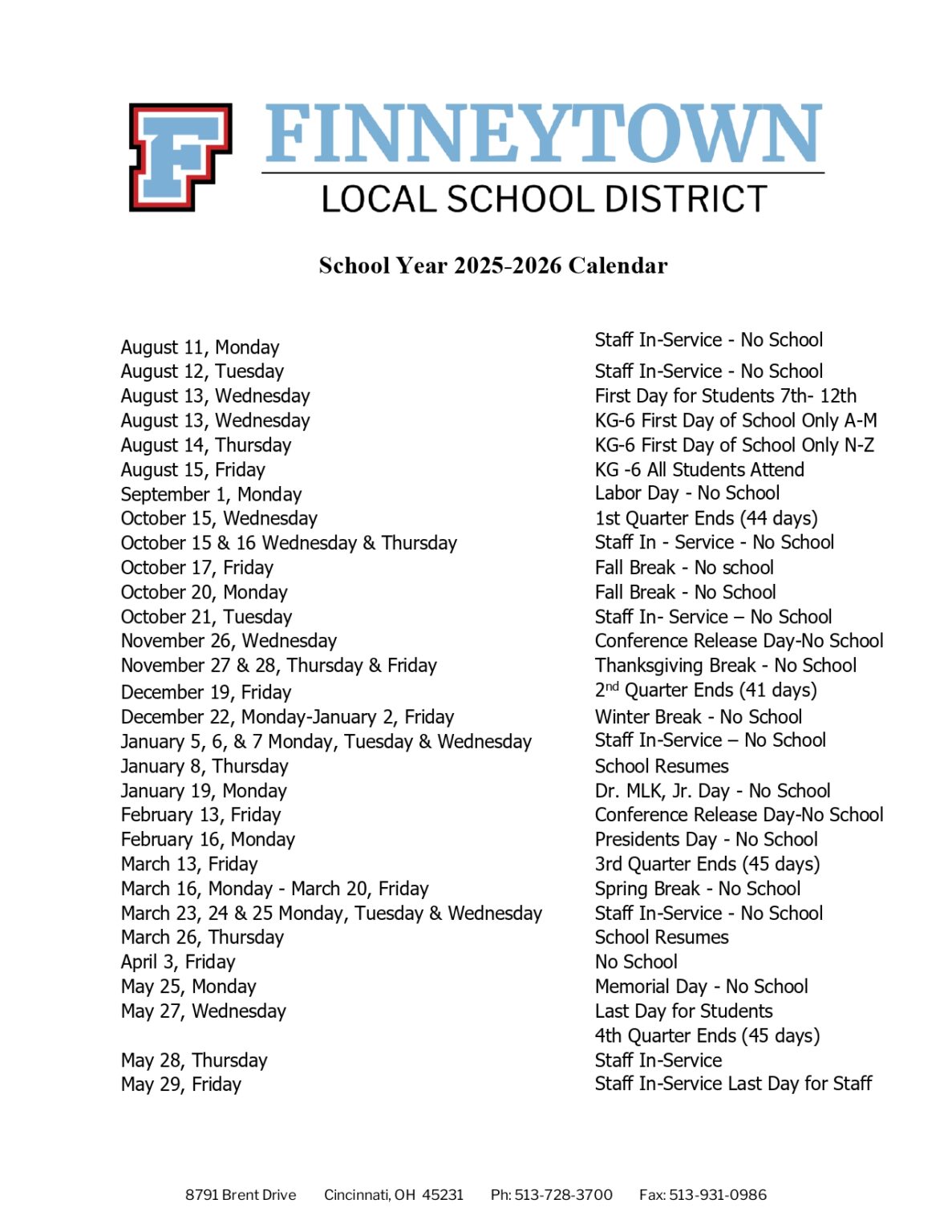 Finneytown Local school District 25-26 Calendar Revised - EduCounty