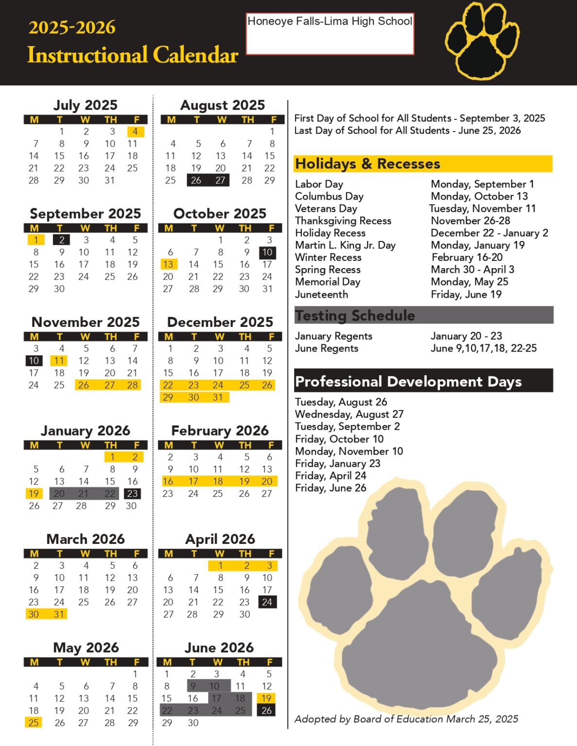 Honeoye Falls-Lima High School Calendar 25-26 REVISED - EduCounty