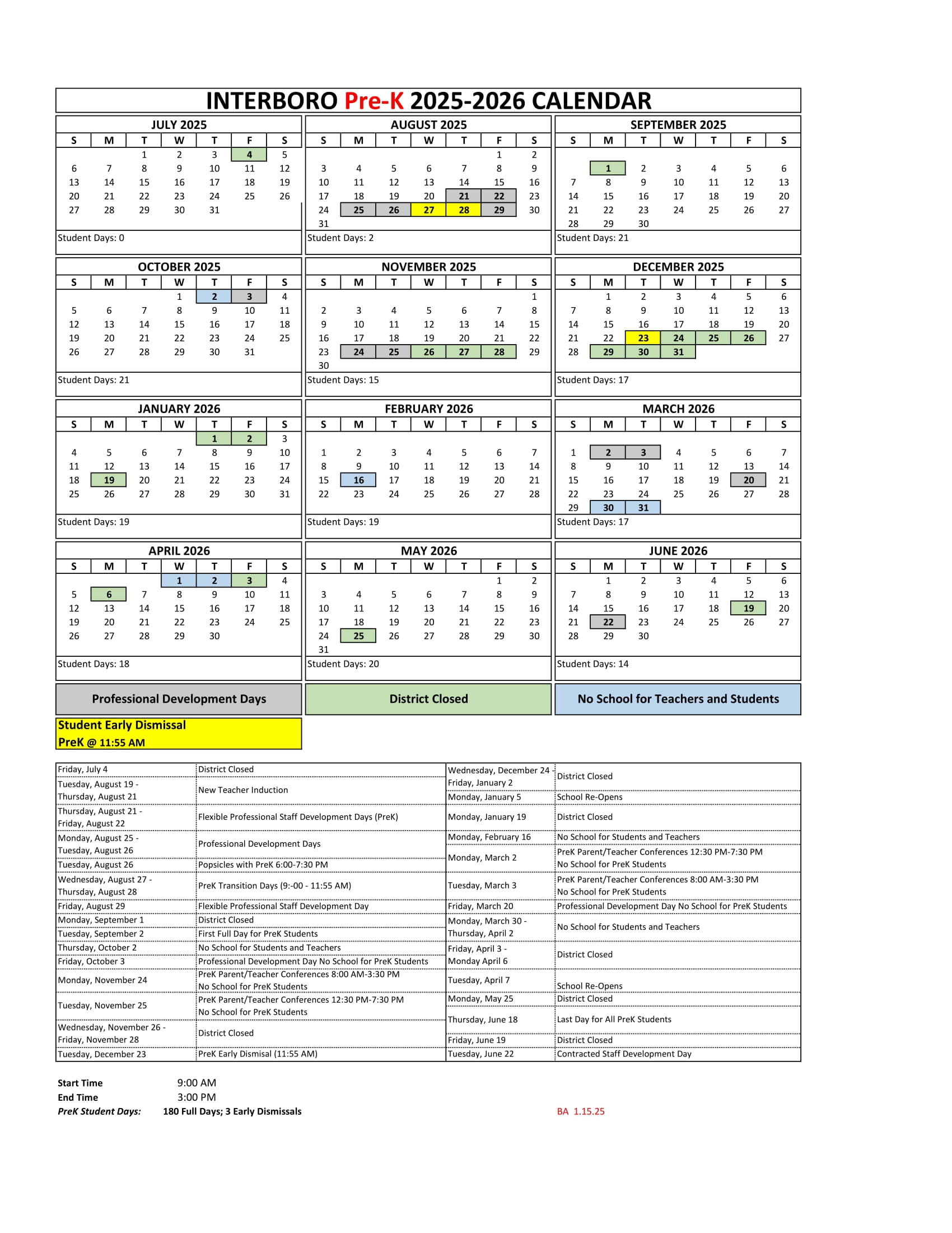 Interboro School District Calendar KinderGarten (k8) 25-26 - EduCounty